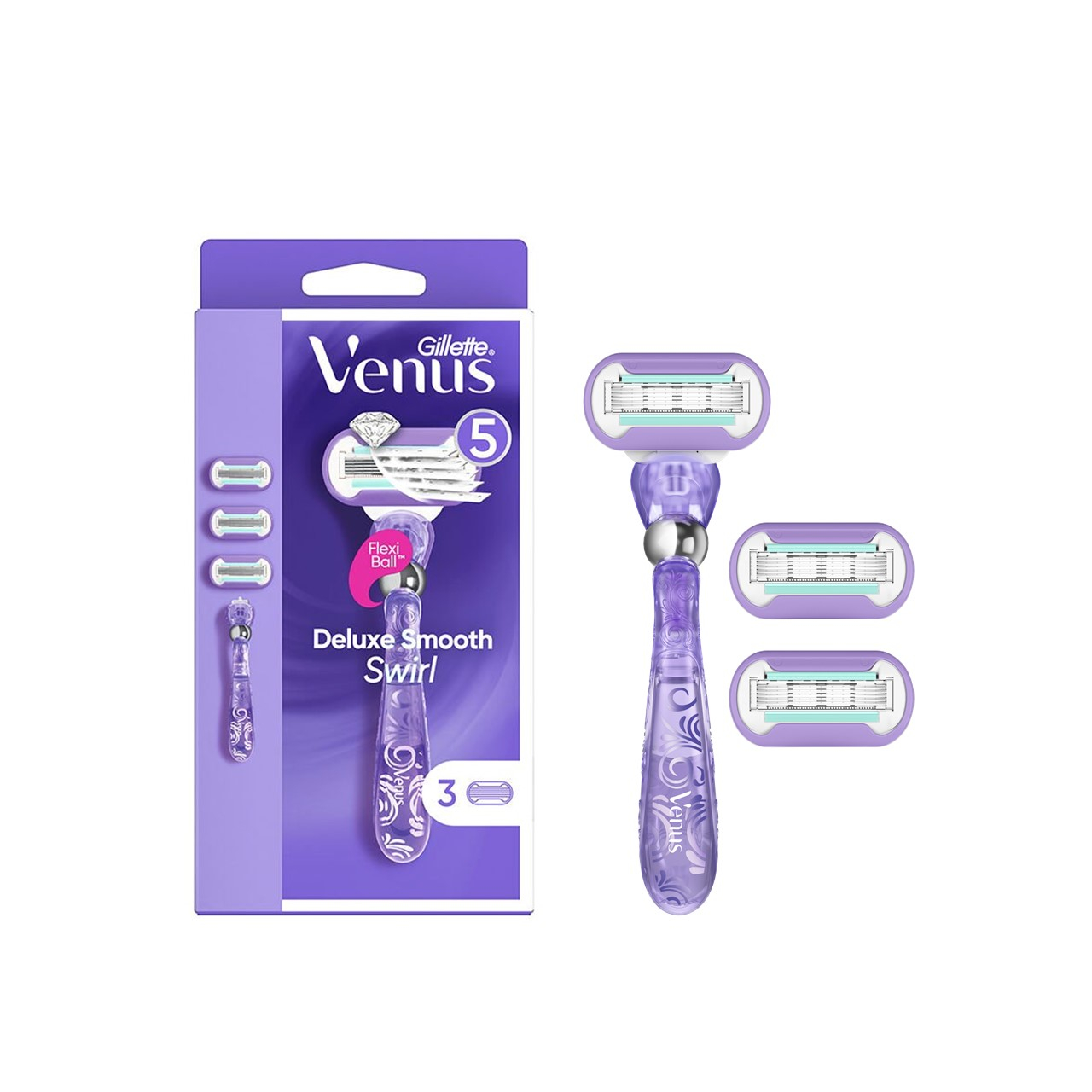 Gillette Venus Deluxe Smooth Swirl Razor + 3 Refill Blades USA