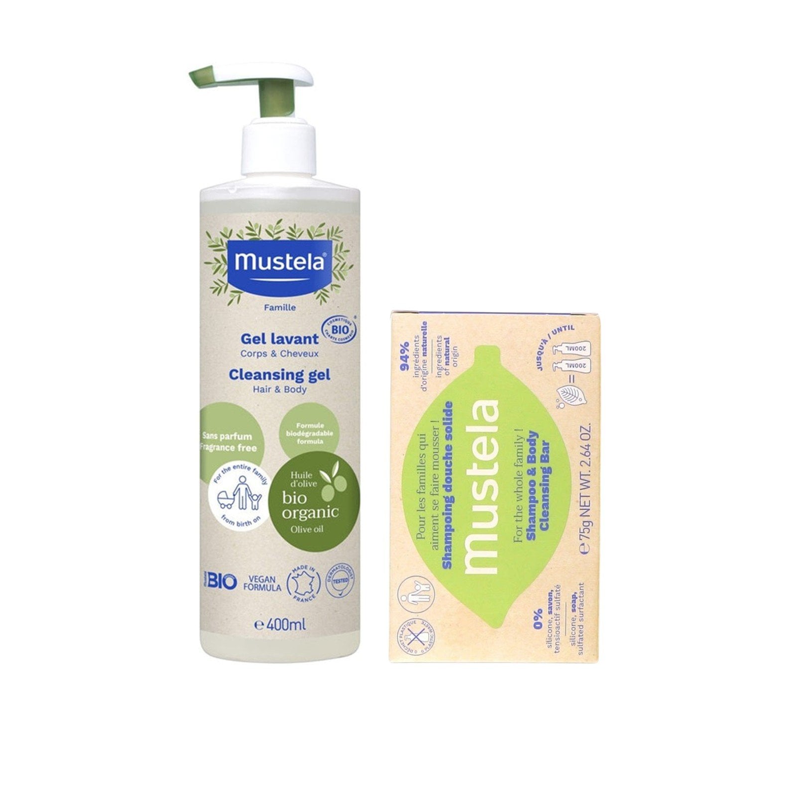 Mustela BIO Organic Cleansing Gel Fragrance-Free 400ml + Shampoo & Body ...