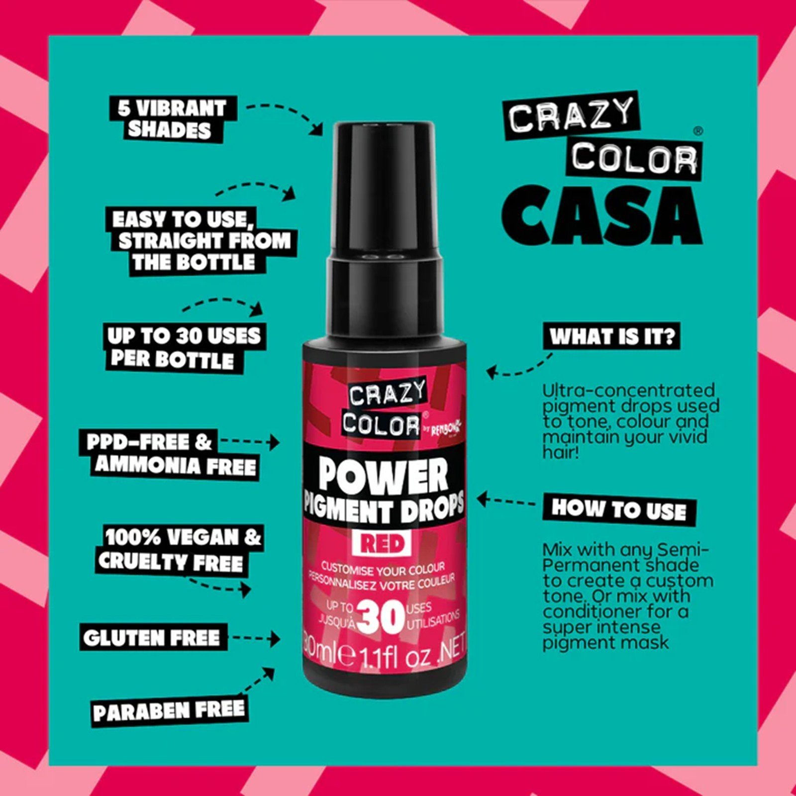 Crazy Color Power Pigment Drops Red 30Ml Chile