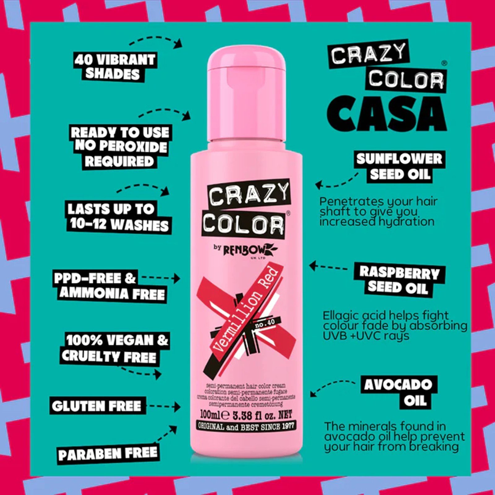 Crazy Color Semi-Permanent Hair Color Cream 40 Vermillion Red 100Ml Perú